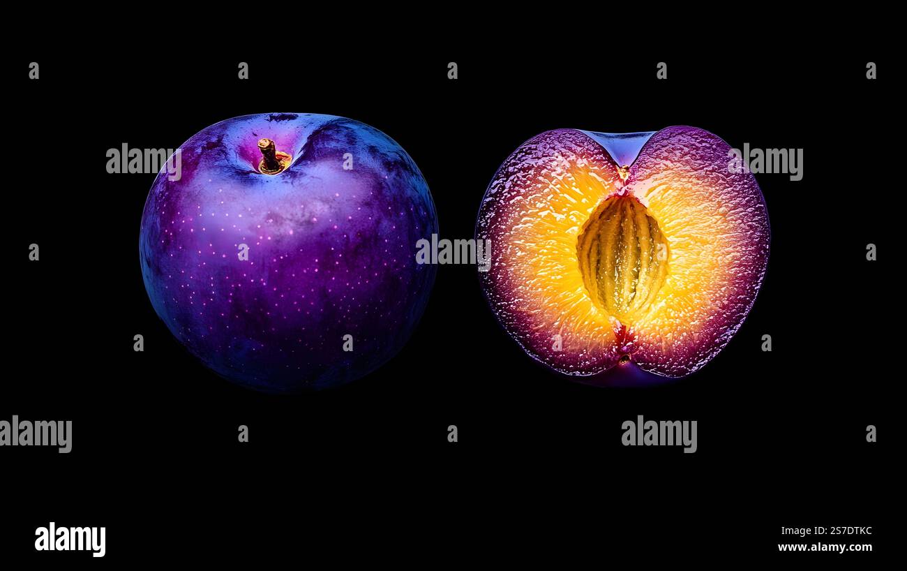 Closeup of a single plum with a glossy deep purple skin and a slice ...