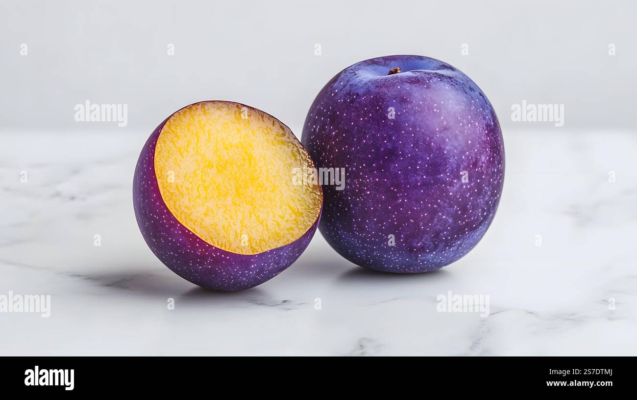 Closeup of a single plum fruit with a glossy deep purple skin,next to a ...