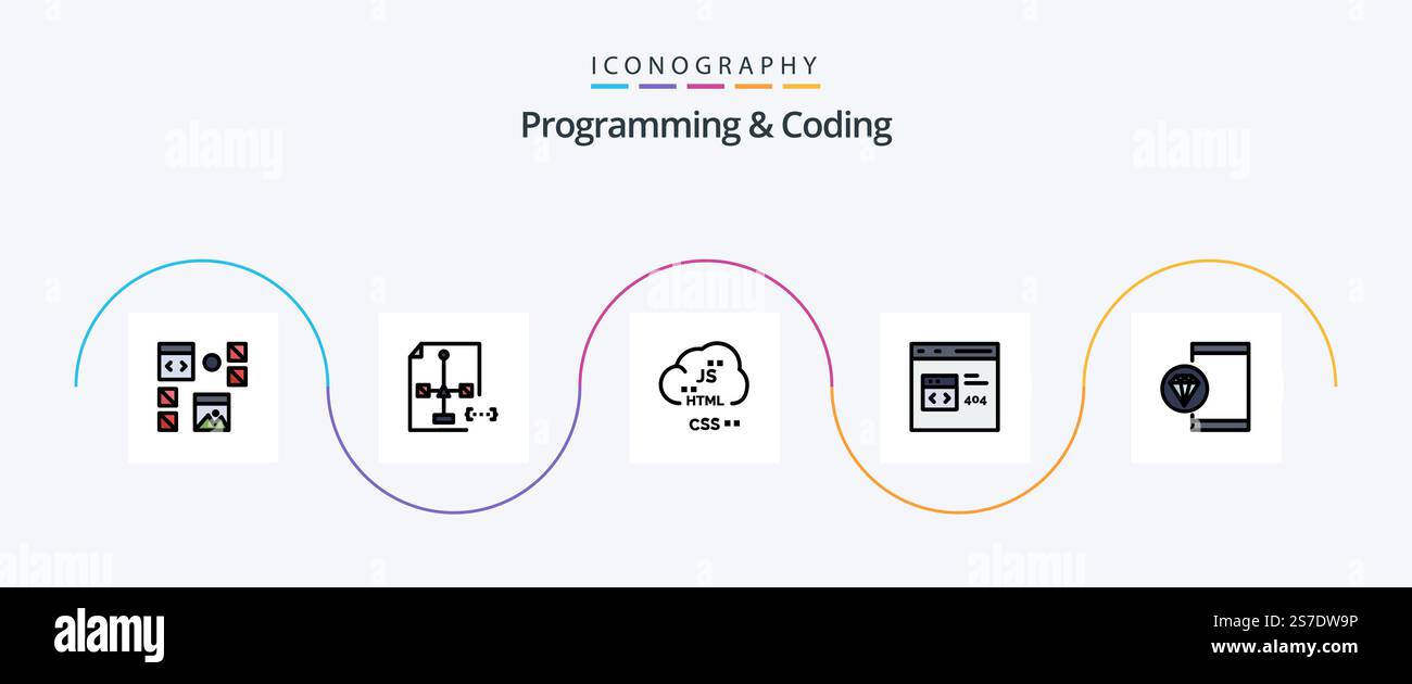 Programming And Coding Line Filled Flat 5 Icon Pack Including Coding