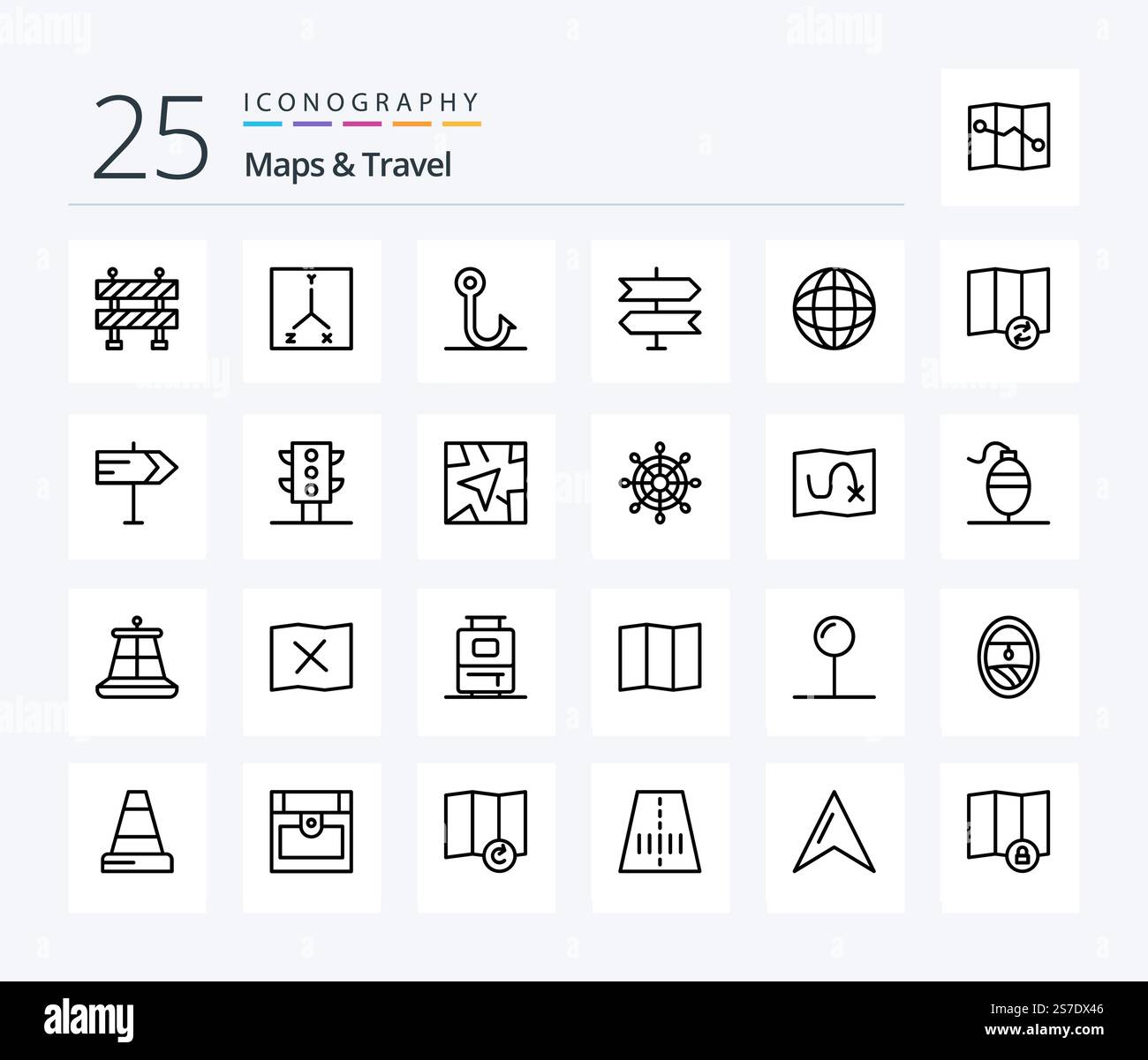 Maps & Travel 25 Line icon pack including map. synchronize. direction ...