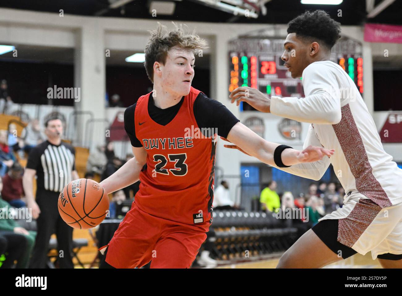 SPRINGFIELD, MA - JANUARY 19: Boden Howell of Owyhee (23) drives to the ...
