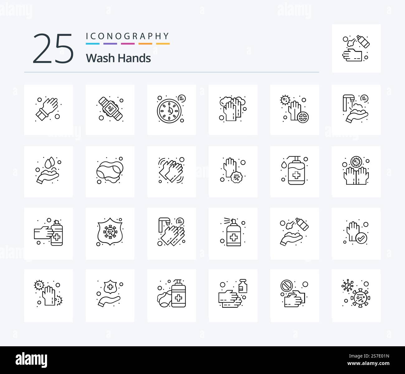 Wash Hands 25 Line icon pack including dirty. washing. clock. medical ...