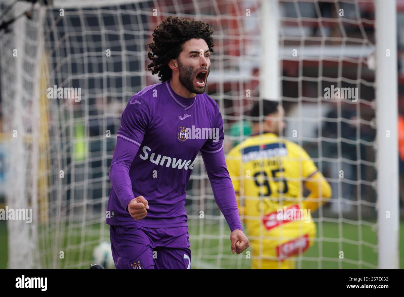 Kortrijk, Belgium. 19th Jan, 2025. Anderlecht's Cesar Huerta celebrates ...