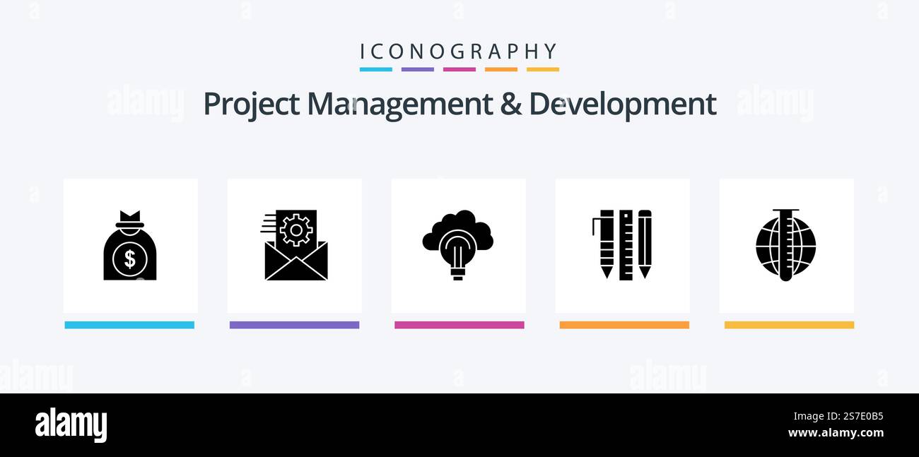 Project Management And Development Glyph 5 Icon Pack Including pen. stationary. idea. essential ...
