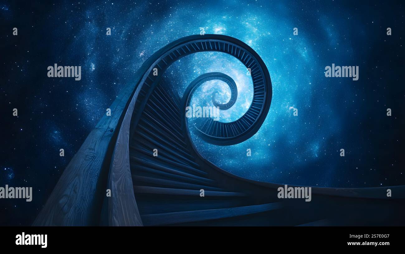Glowing spiral staircase ascending into the cosmic galaxy with a starry night sky backdrop ...
