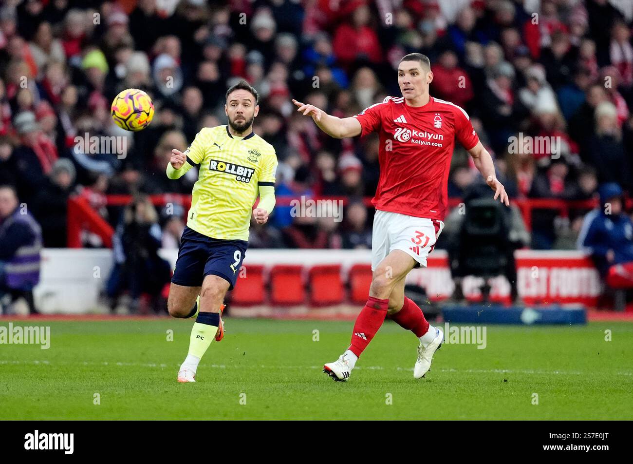 Southampton's Adam Armstrong and Nottingham Forest's Nikola Milenkovic ...