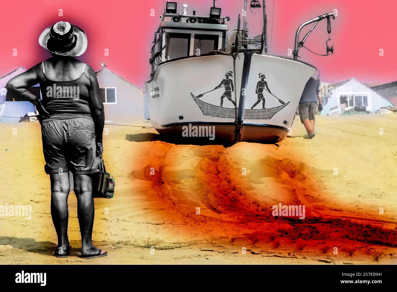 Woman waiting for Charon beside a boat on the shore under a crimson sky ...