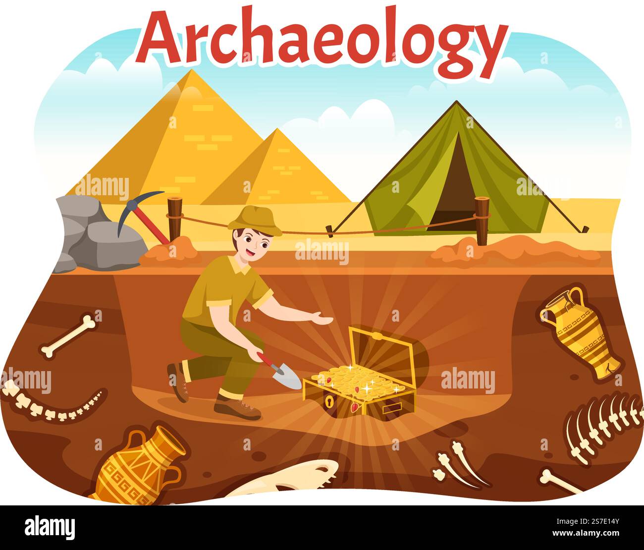 Archeology Illustration with Archaeological Excavation of ancient Ruins ...