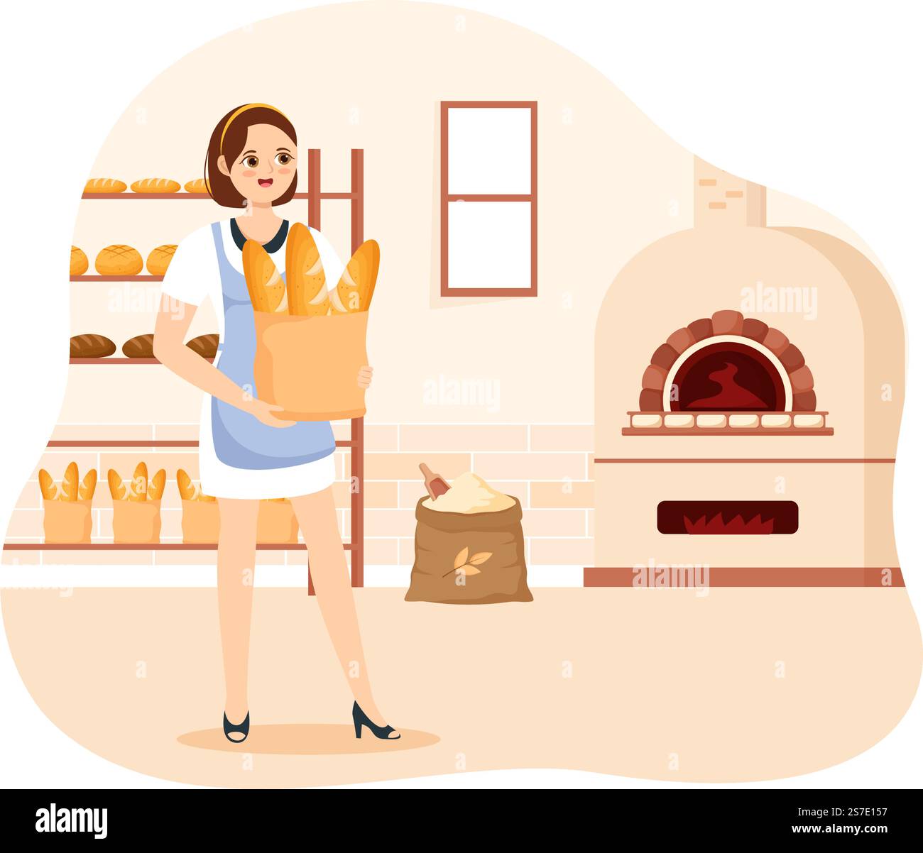 Bread Mill Illustration with Wheat Sacks, Various Breads and Windmill ...