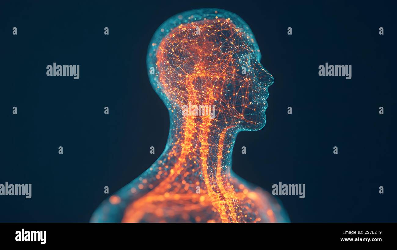 Glowing threads of peptide signaling pathways in an abstract digital ...