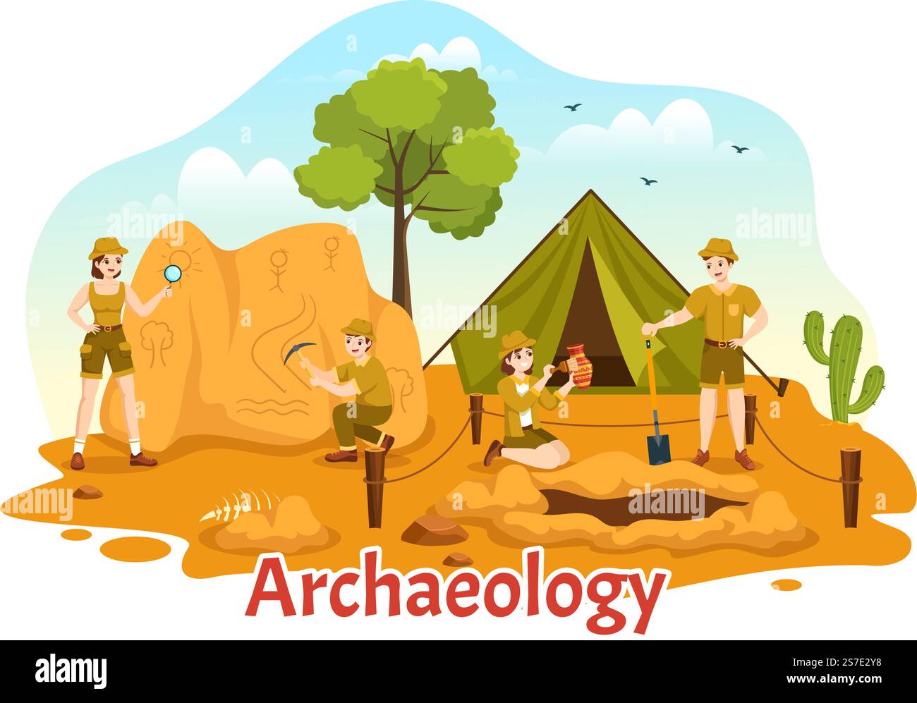 Archeology Illustration with Archaeological Excavation of ancient Ruins ...