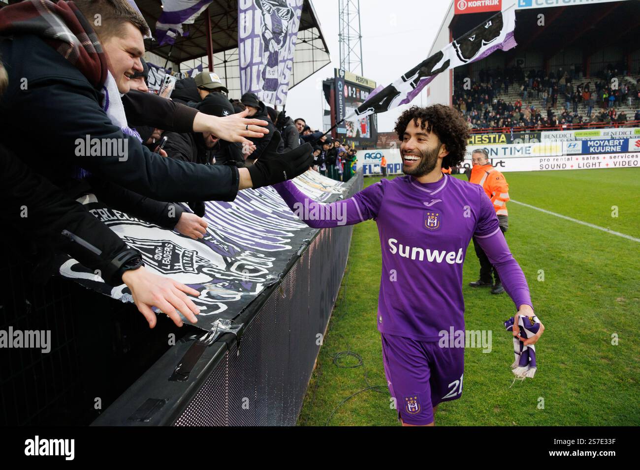 Kortrijk, Belgium. 19th Jan, 2025. Anderlecht's Cesar Huerta celebrates ...