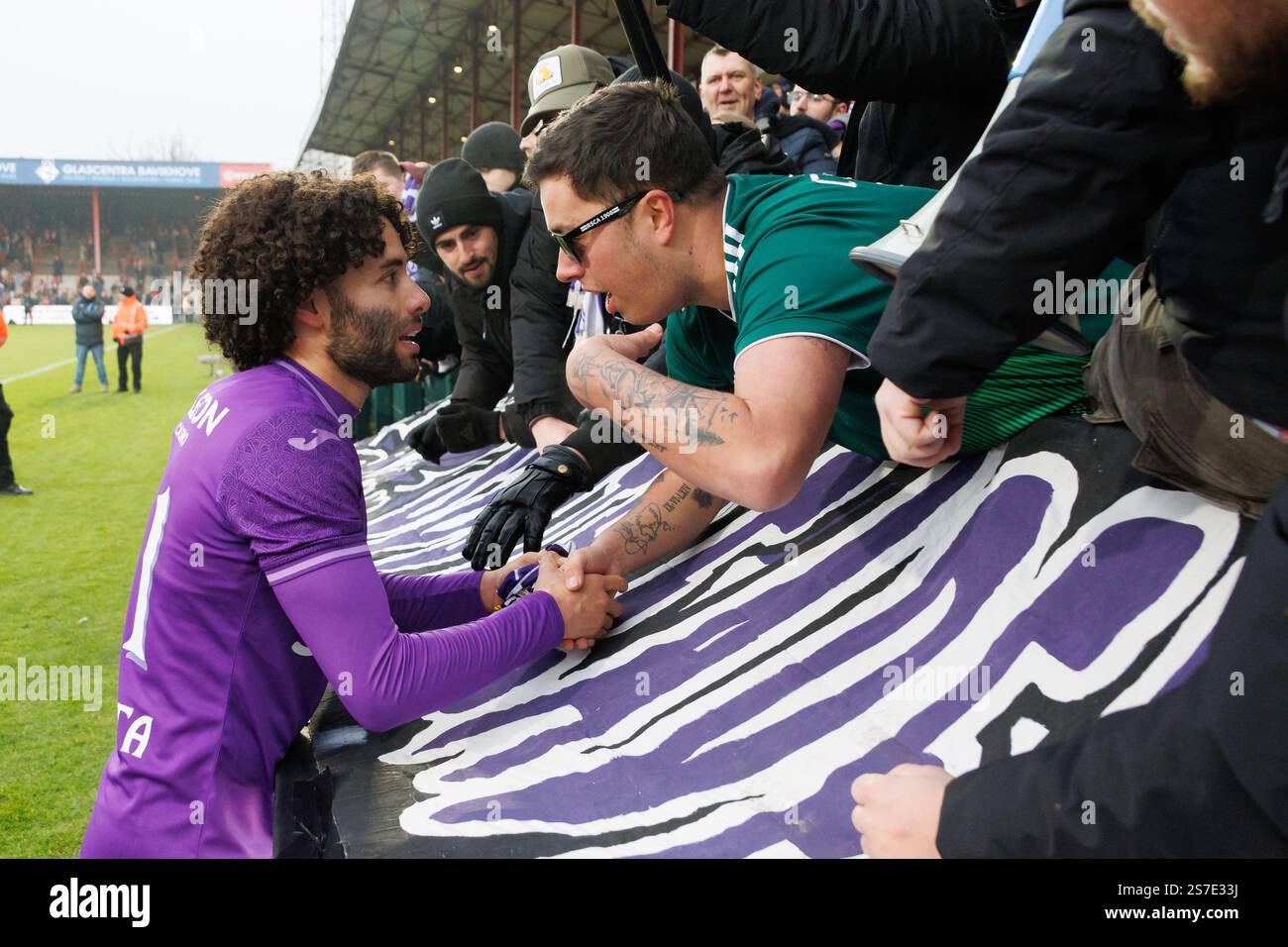 Kortrijk, Belgium. 19th Jan, 2025. Anderlecht's Cesar Huerta celebrates ...