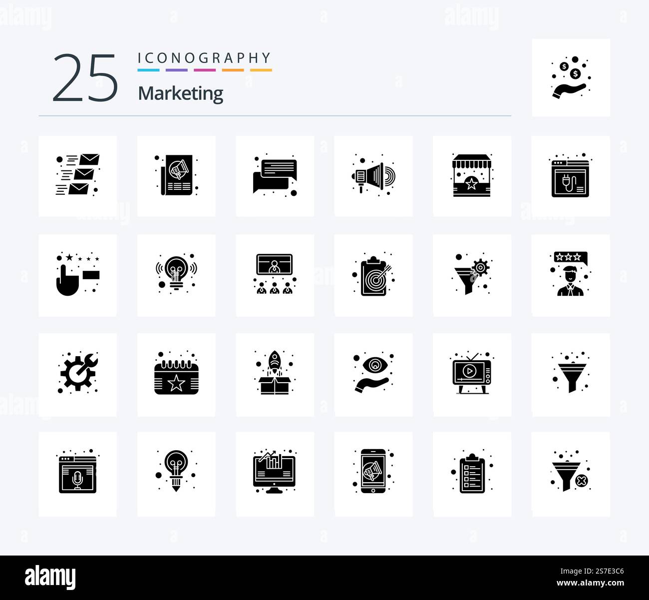 Marketing 25 Solid Glyph icon pack including shop. speaker. press ...