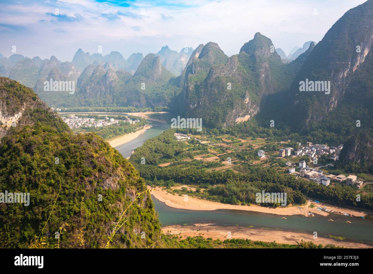 Aerial panoramic view to Li river valley in Guilin, China. Karst hills ...