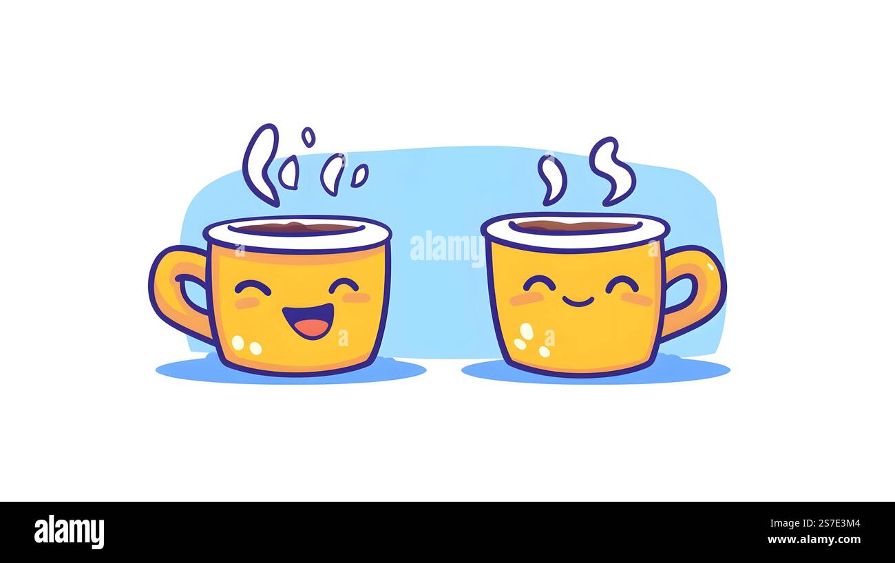 Cheerful cartoon of a steaming hot coffee mug with playful splash ...
