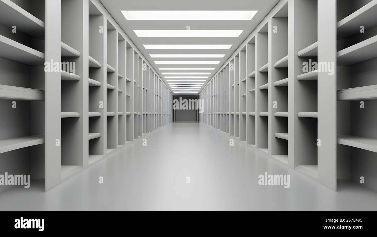 Endless rows of bookshelves receding into the distance,creating a ...