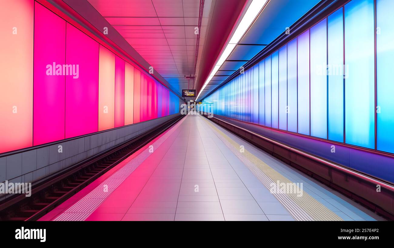 Futuristic train station tunnel filled with glowing holographic signs ...