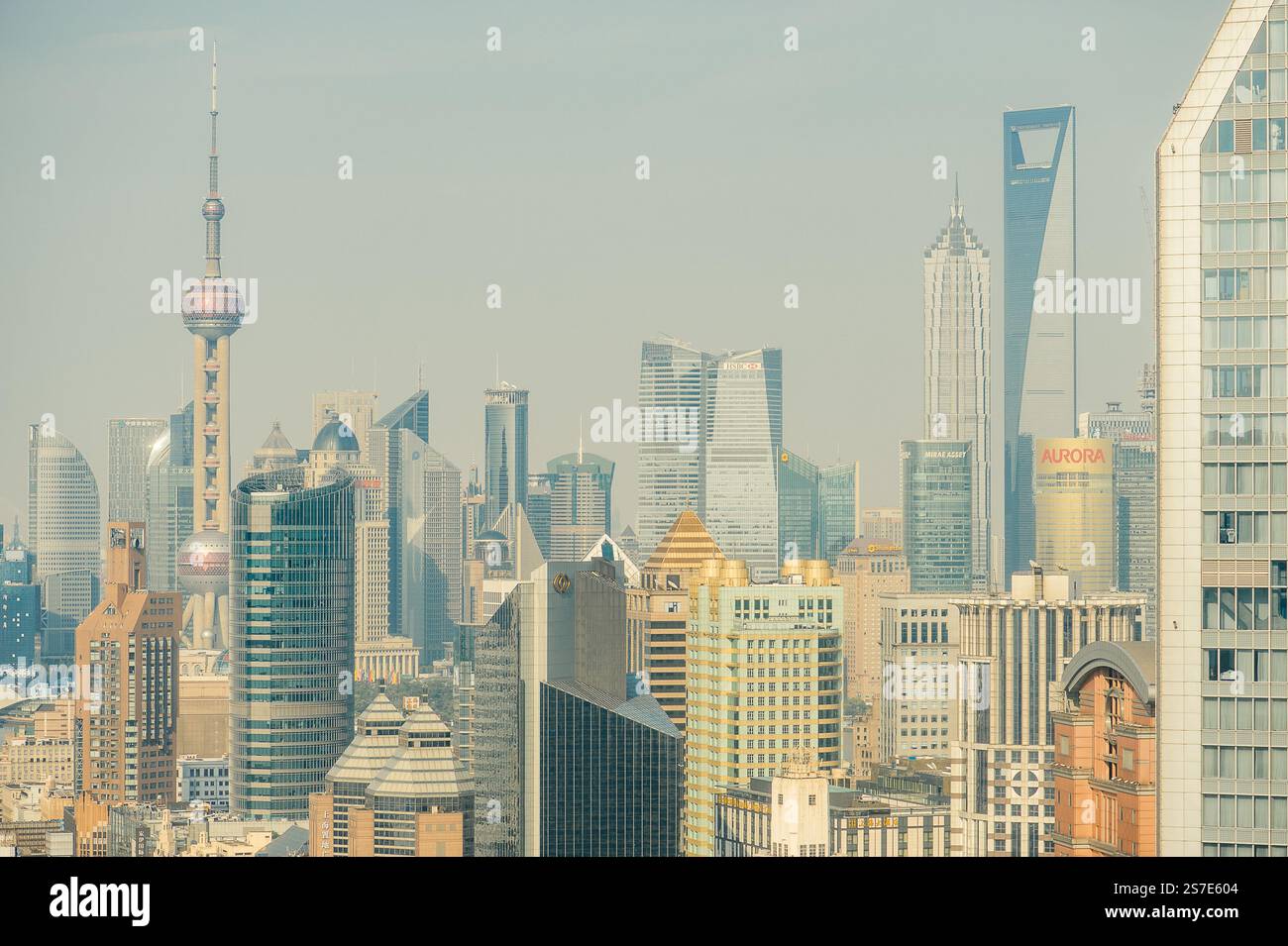 Skyscrapers on a smoggy day in Shanghai, China. Air pollution is a ...