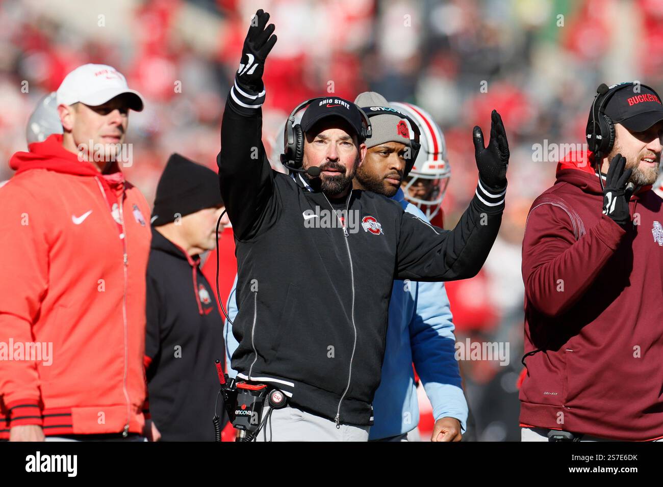 FILE - Ohio State head coach Ryan Day reacts to a replay during the ...