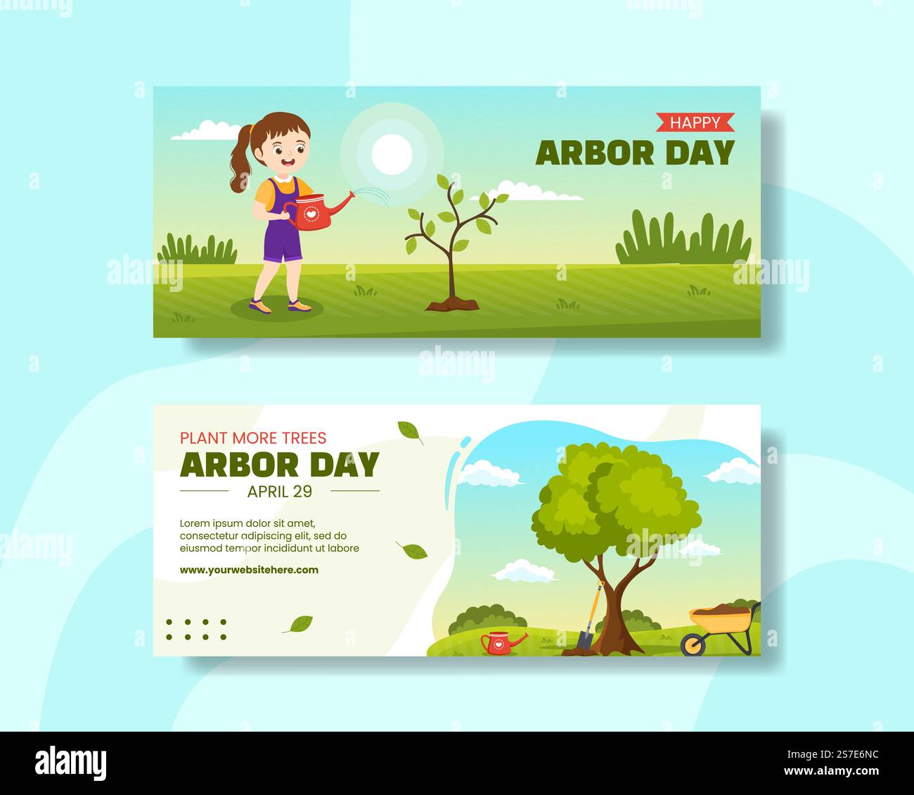 Happy Arbor Day Horizontal Banner Flat Cartoon Hand Drawn Templates ...