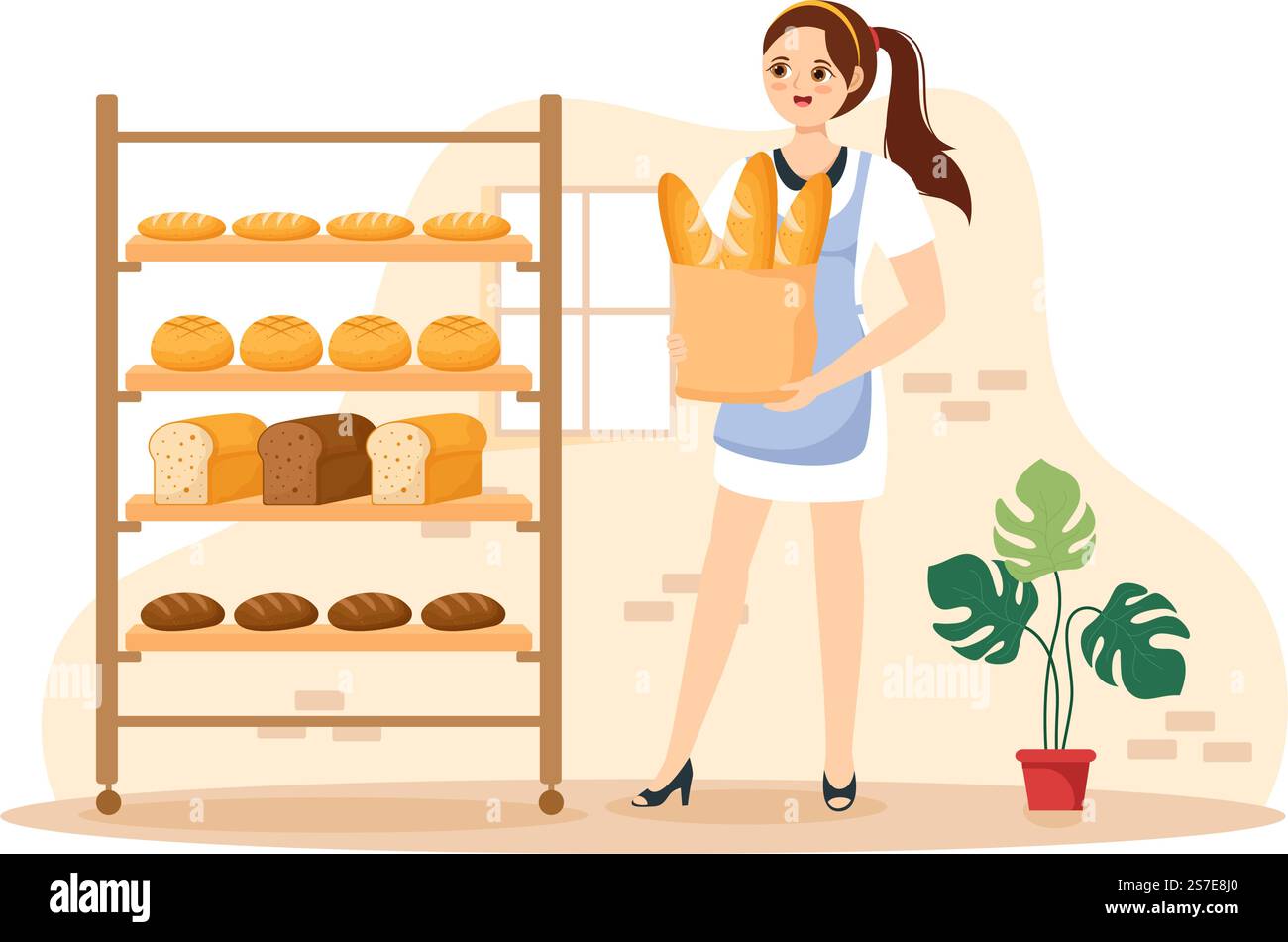 Bread Mill Illustration with Wheat Sacks, Various Breads and Windmill ...