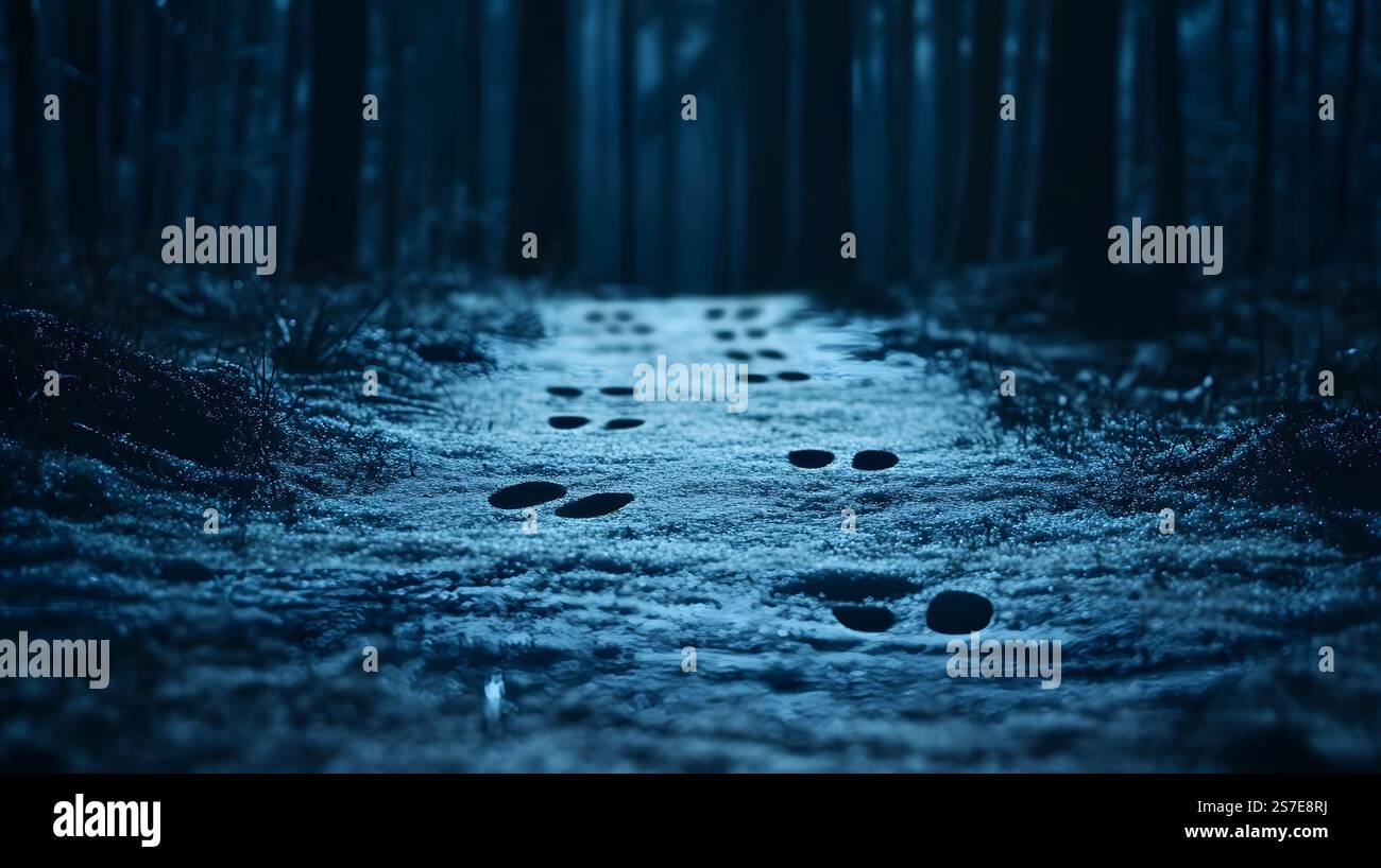 Ethereal Moonlit Forest Trail with a Pathway of Glowing Footprints ...