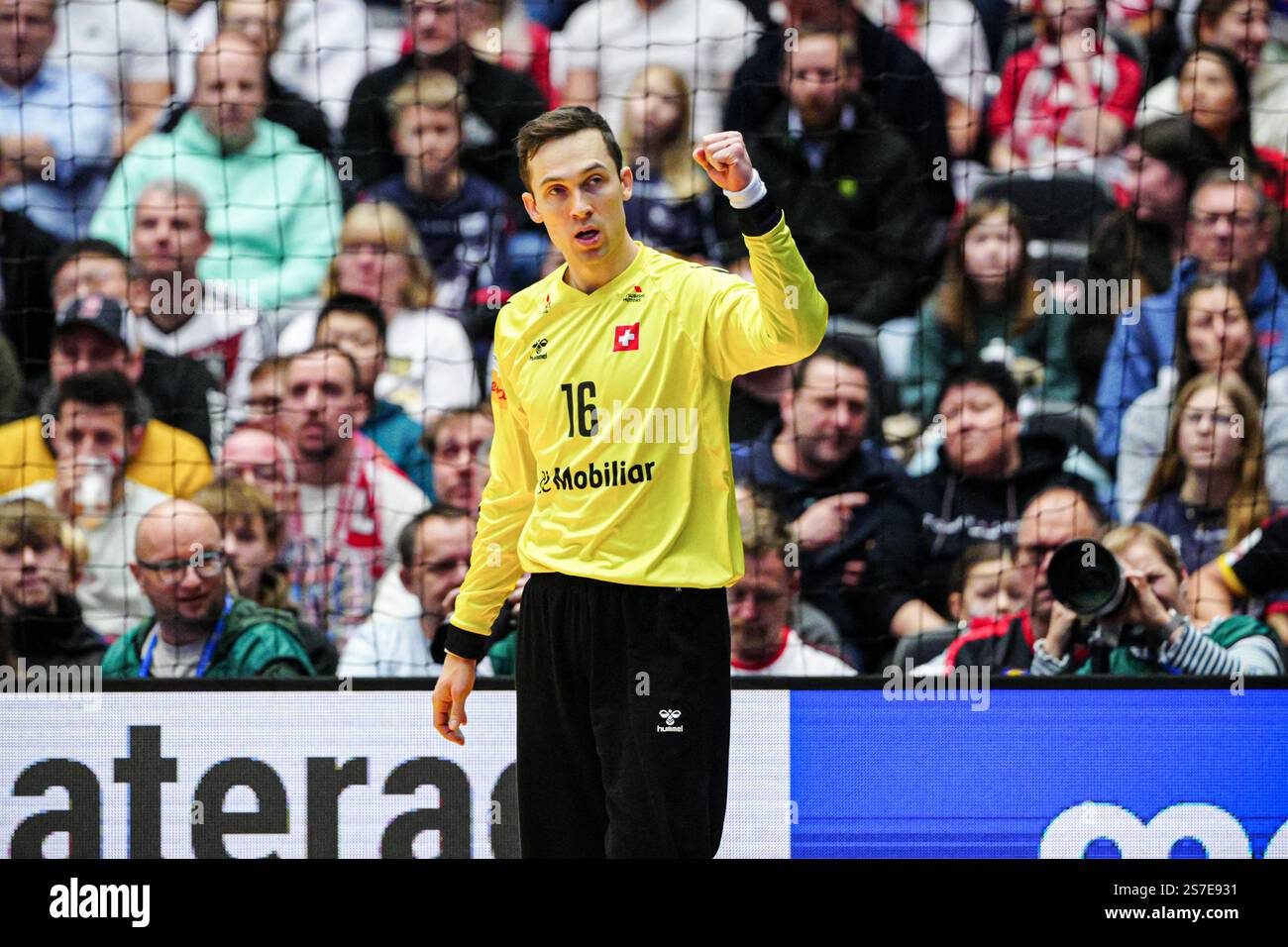 Jubel nach Parade Nikola Portner (Schweiz, #16) DEN, Polen vs. Schweiz, Handball, IHF ...
