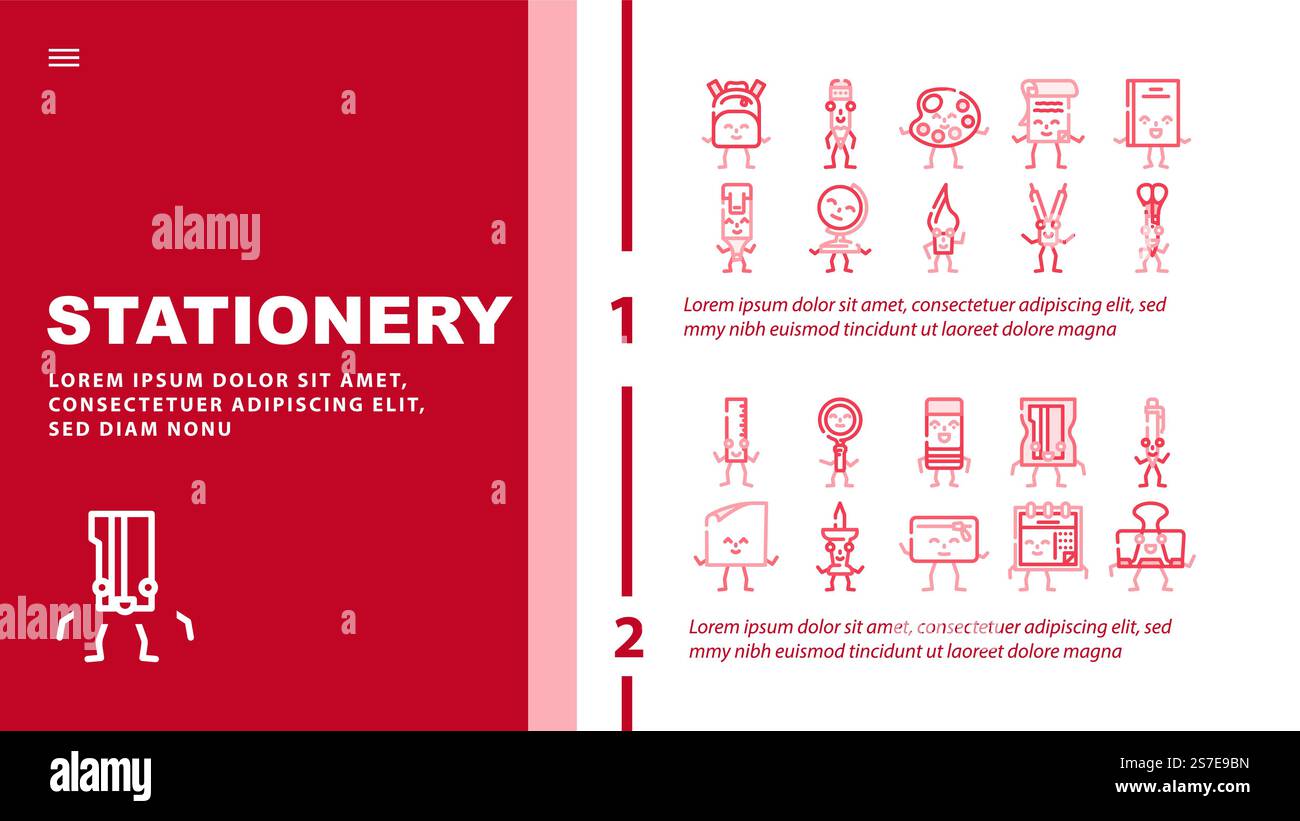 stationery character school landing web page header vector. pencil ...