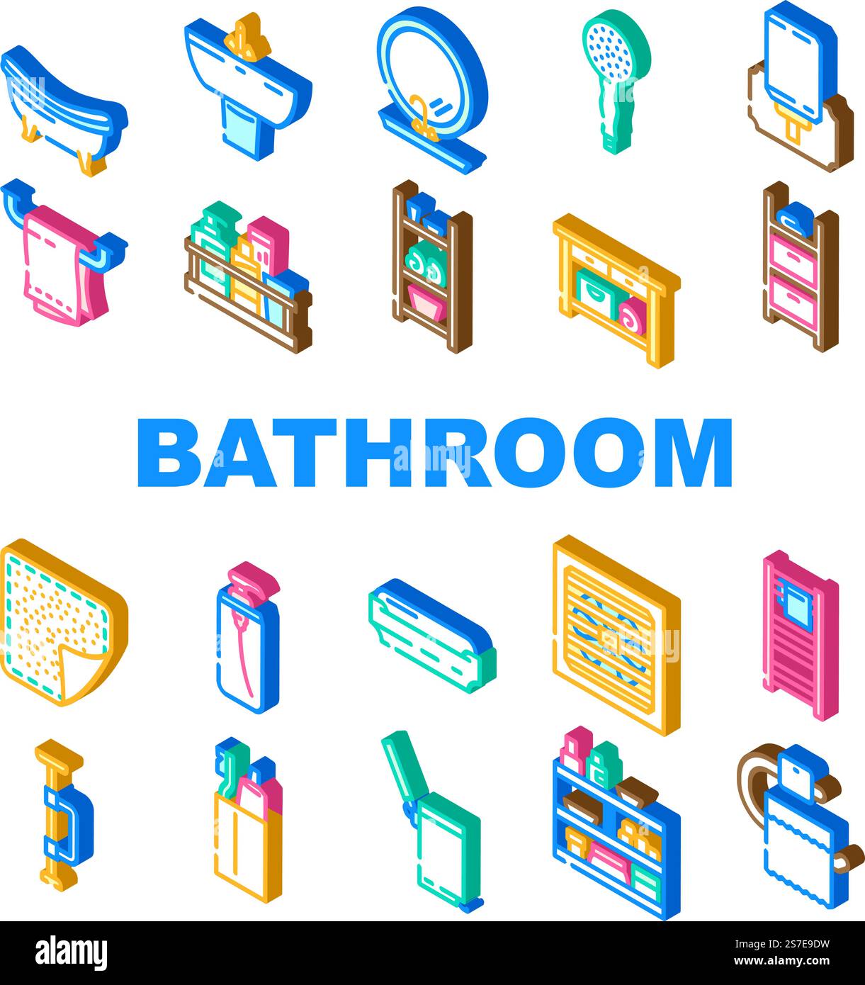 bathroom bath equipment hygiene icons set vector. water, brush wash ...