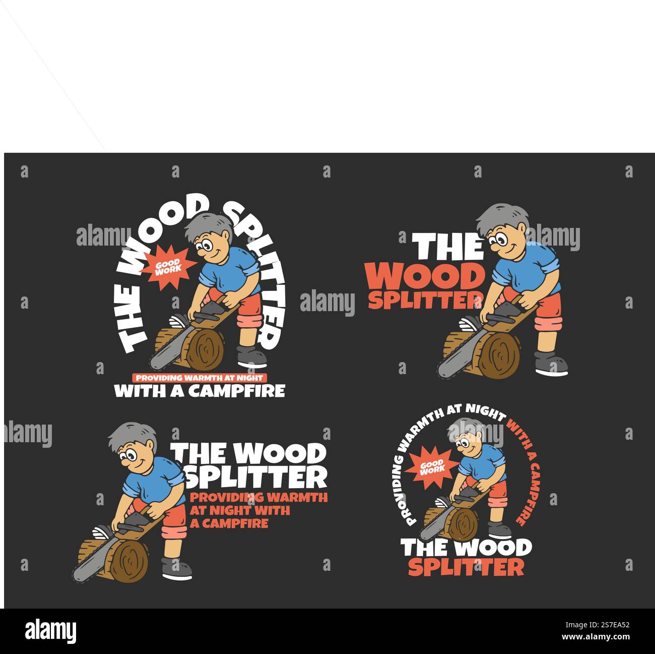 Wood splitter character is splitting wood using a chainsaw. Flat art ...