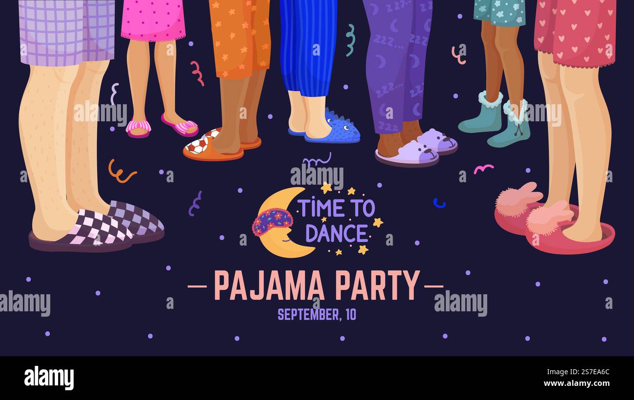 Pajama party background with casual slippers on human legs. Holiday ...