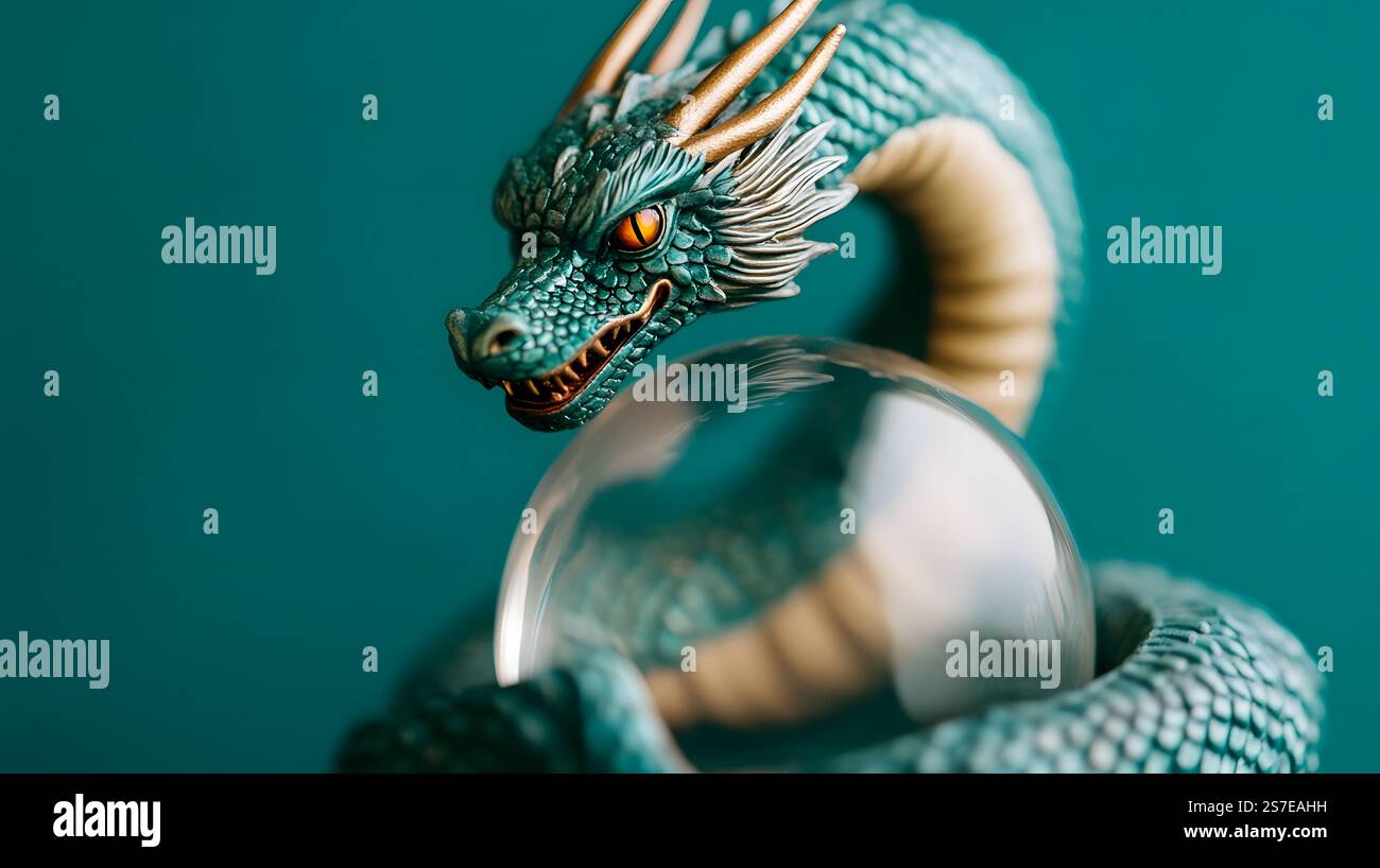 of a mythical dragon coiled around a glowing,luminous crystal orb. The ...