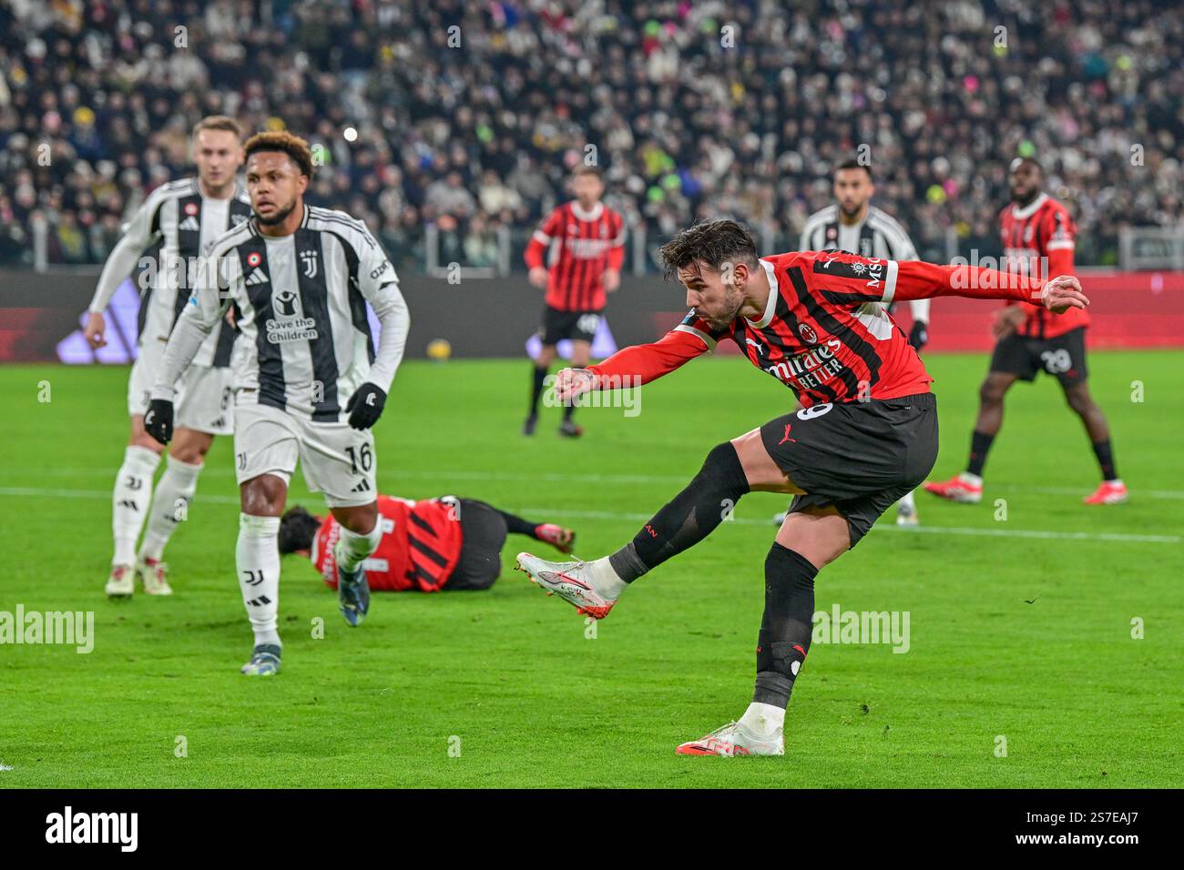 Turin, Italy. 18th Jan, 2025. Theo Hernandez (19) of AC Milan seen ...