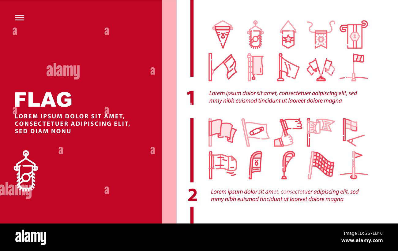 flag start web pennant map landing web page header vector. banner symbol, location pole, shape ...