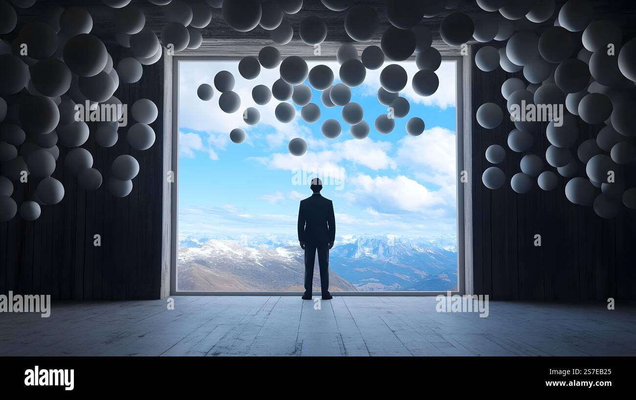 Surreal landscape with gravity-defying clouds and dimensional a ...