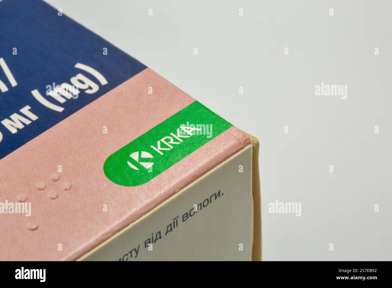 Kyiv, Ukraine - October 04, 2024: KRKA pharmaceutical company logo on medicine package closeup ...