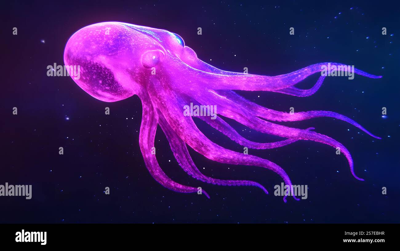 A giant,luminous squid-like creature gracefully floating amidst the ...