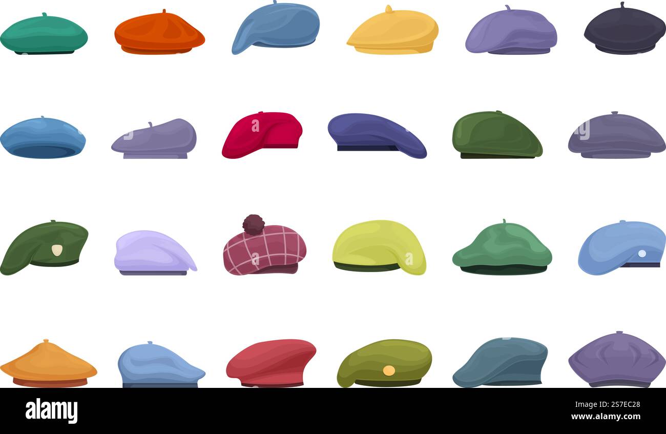 Beret icons set cartoon vector. French hat. Painter wool. Beret icons ...