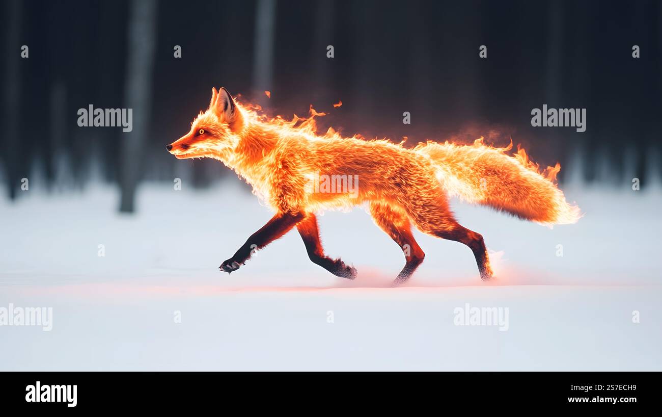 Fiery,flaming fox made of fire and ember charging through a snowy ...