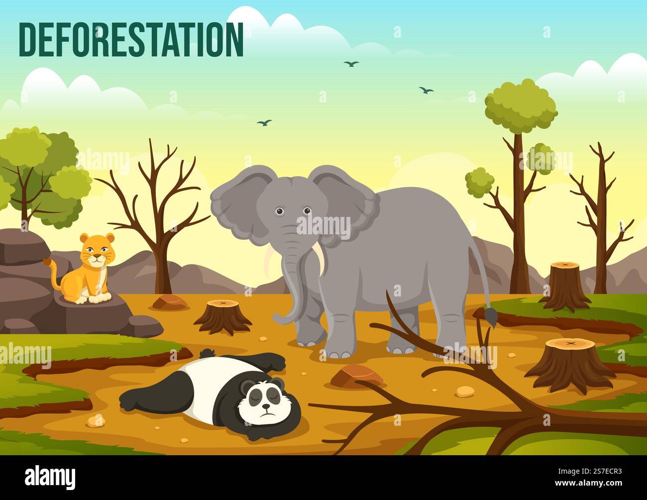 Deforestation Illustration with Tree in the Felled Forest and Burning ...