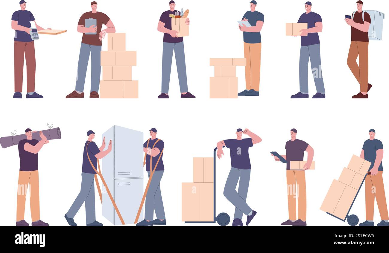 Delivery service characters hold heavy packages. Couriers with box ...