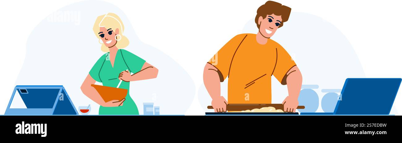 coocking online vector. food home, woman kitchen, happy internet ...