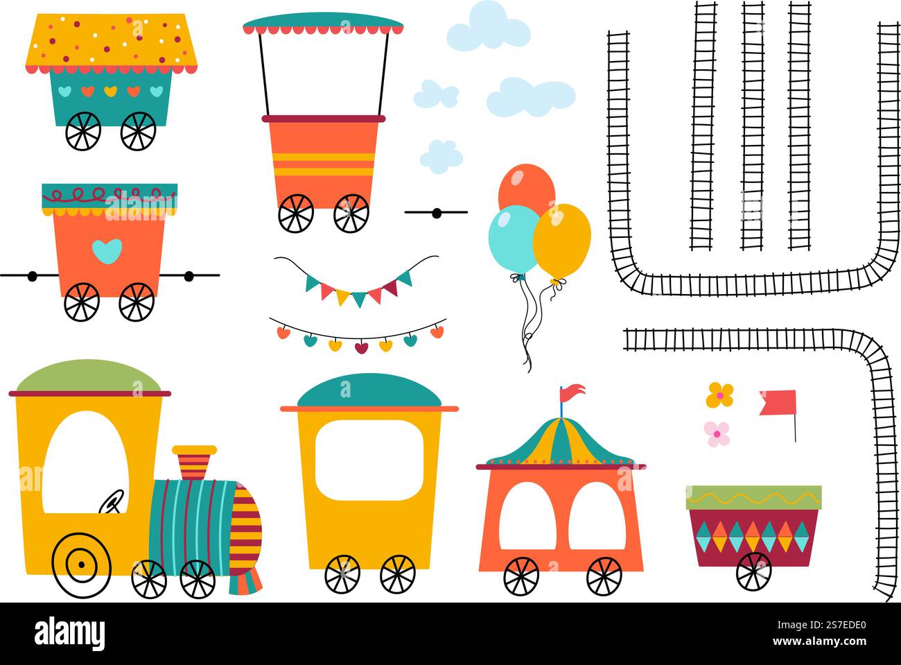 Cartoon amusement park elements. Train cars, diesel locomotive and ...