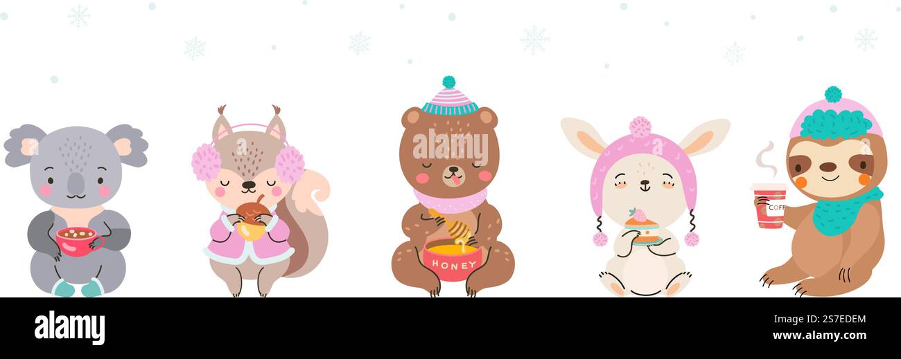 Eating and drinking cute cartoon animals. Koala, bunny, bear, sloth and ...