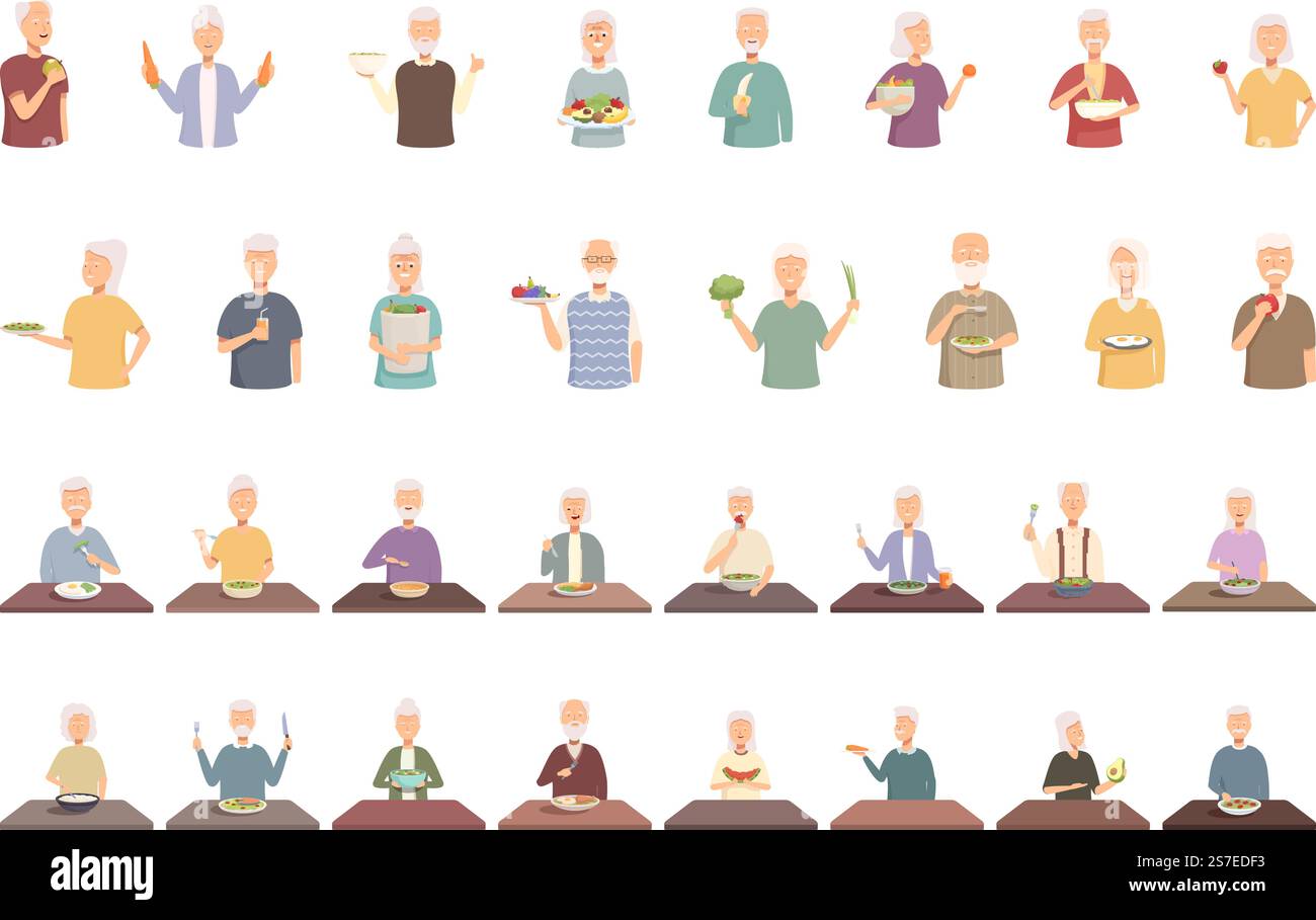 Senior people eat healthy food icons set cartoon vector. Old woman ...