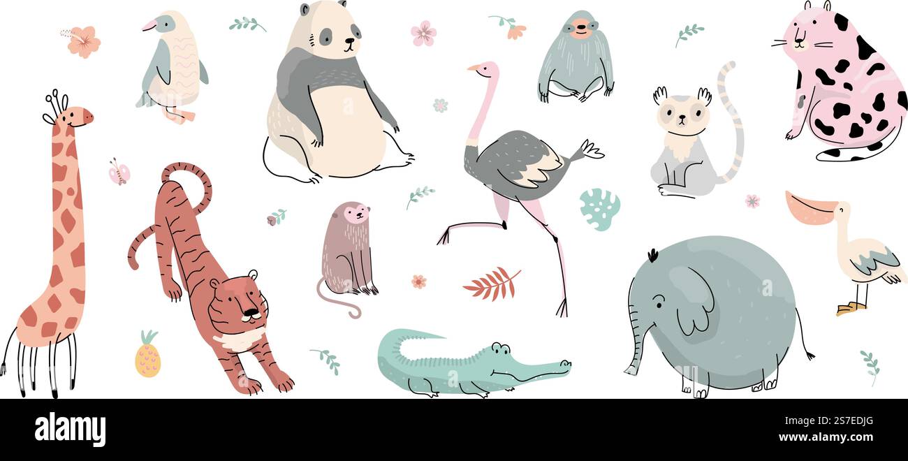 Doodle flat wild animals. Tiger sloth monkey and penguin. Isolated zoo ...