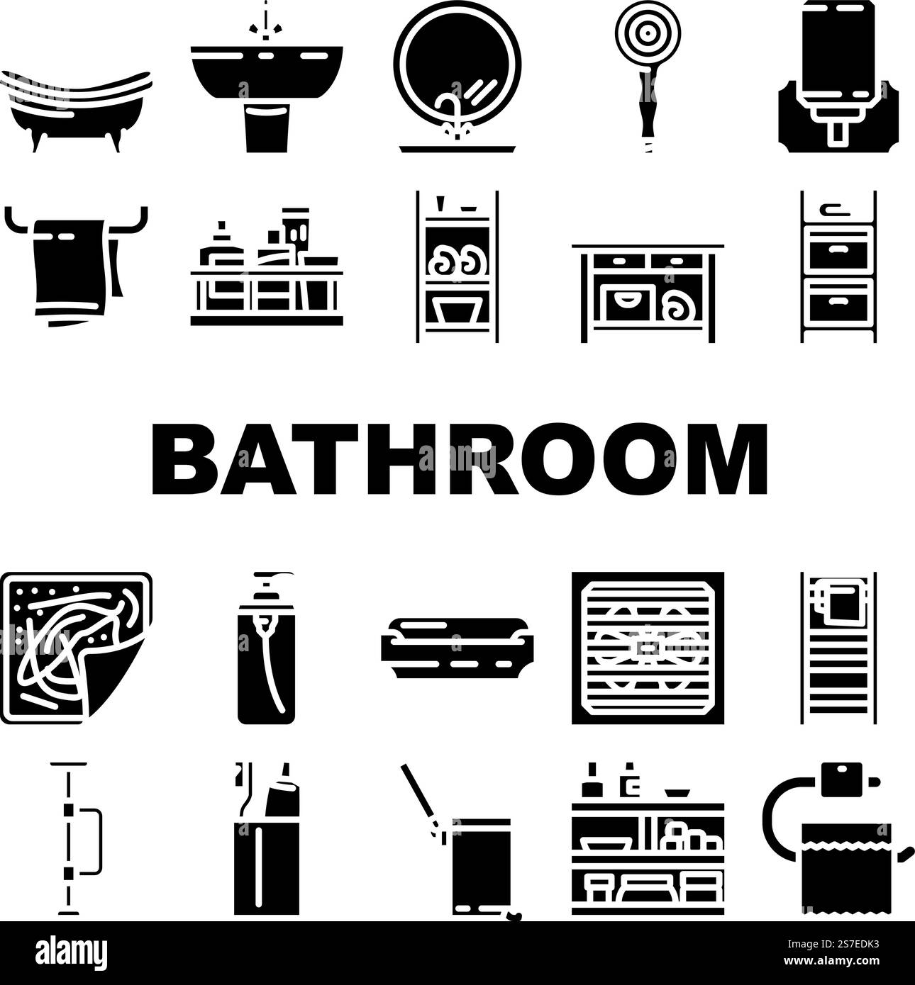 bathroom bath equipment hygiene icons set vector. water, brush wash ...