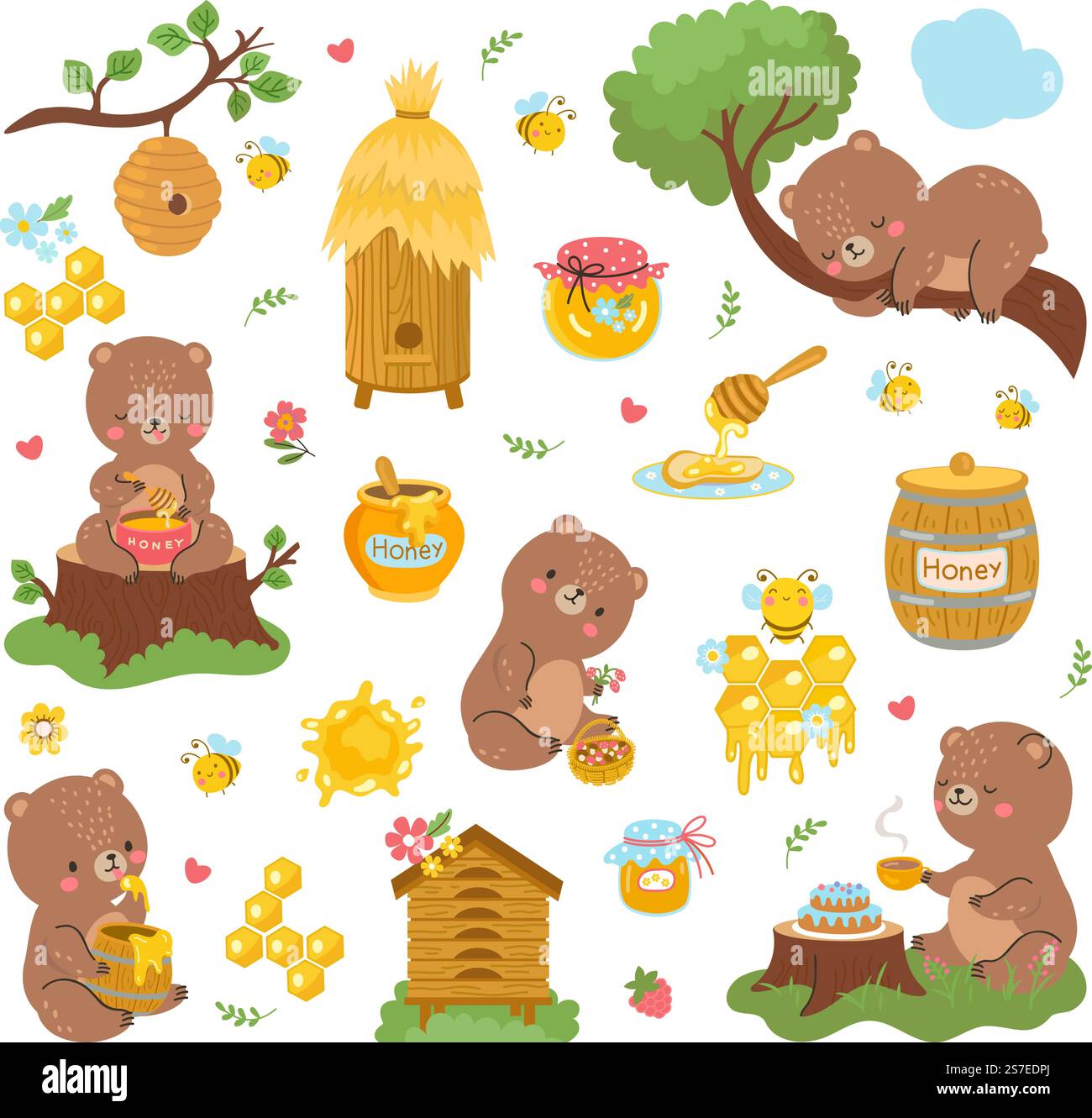 Bear and honey. Cartoon bees bears, cute forest animal flying bee and ...