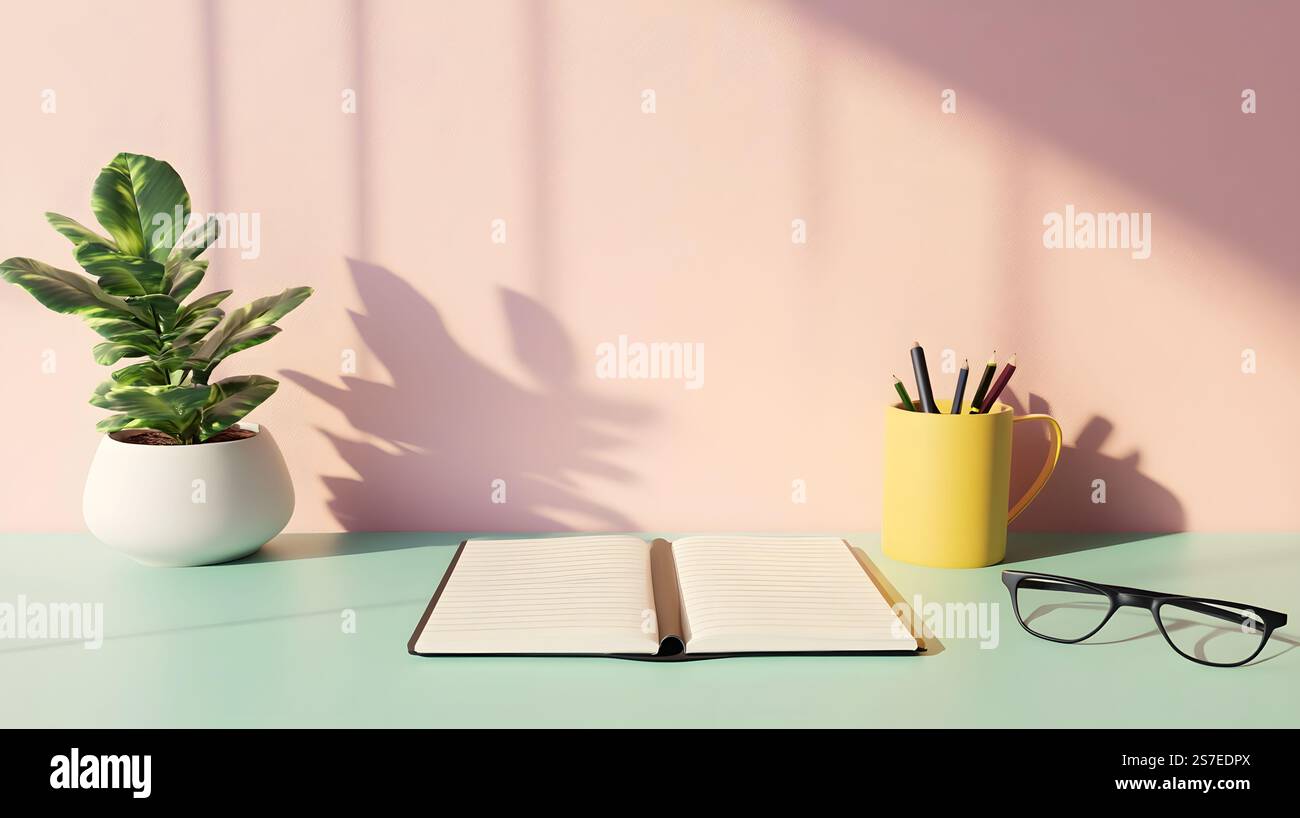 Pastel Colored Office Desk with an Opened Accounting Ledger,3D of a ...